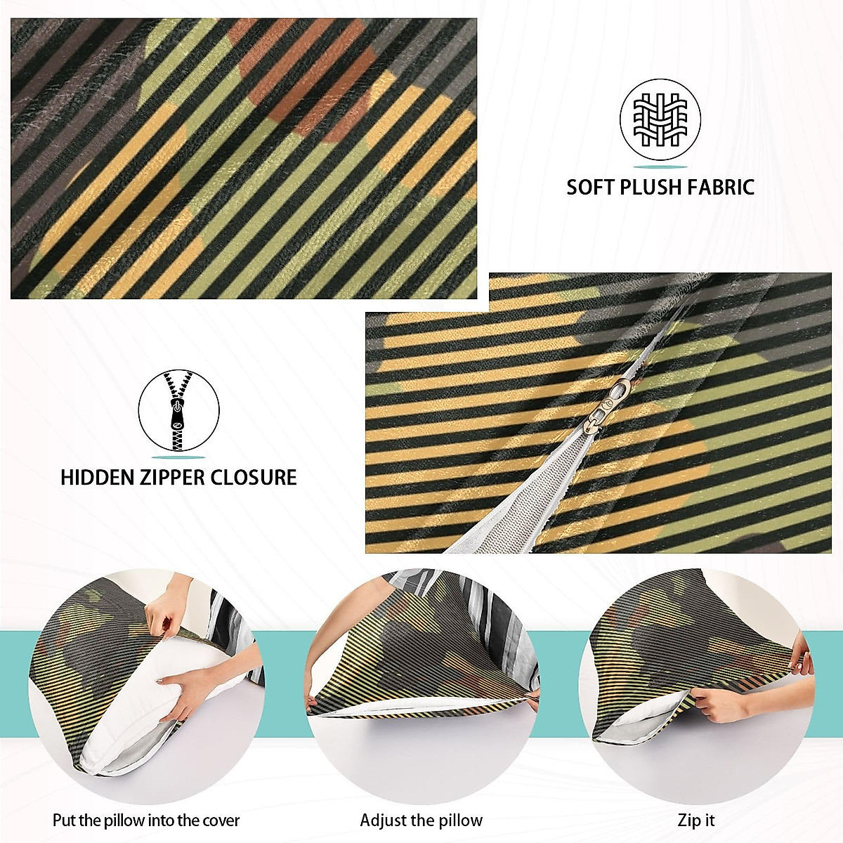 Green Brown Striped Camouflage Pillowcase for Hair and Skin Body Pillow Cover Pillow Case King Size 20"X 40" Super Soft Pillow Case with Zipper for Men