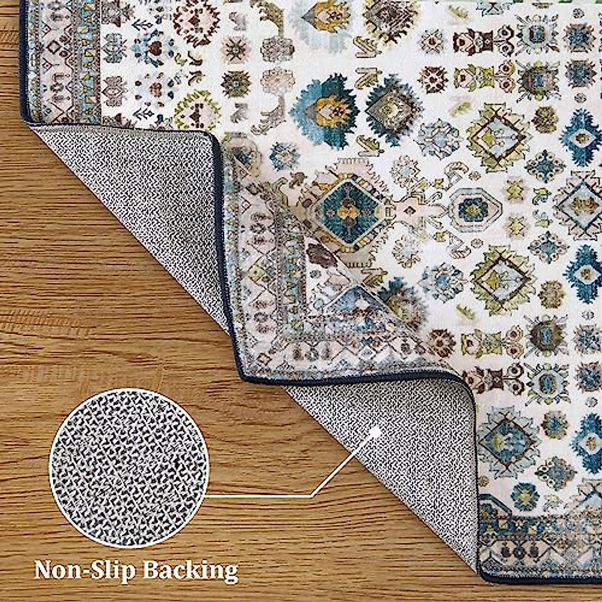 RUGSREAL 9x12 Blue Area Rug, Traditional Washable, Vintage Distressed, Kitchen Floor Cover, Foldable, Indoor Mat