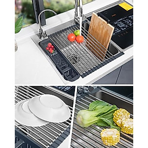 TREANY Expandable Roll Up Dish Drying Rack with Utensil Holder,Over The Sink Dish Drainer,304 Stainless Steel,Multipurpose,Best Gadget for Many Kitchen Task (14.5'' x 22.3'', Grey)