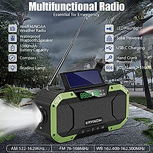 Emergency Hand Crank Solar Radio,Waterproof Bluetooth Speaker,AM FM NOAA Portable Digital Weather Radio with Flashlight,Reading Lamp,5000mAh Cell Phone Charger,SOS Alarm,Compass,Survival Camping Gear