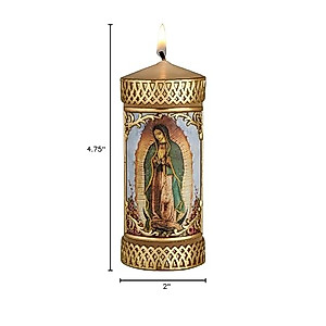 Small Our Lady of Guadalupe Devotional Candle with Gold Toned Wax Details, 4 ¾ Inches