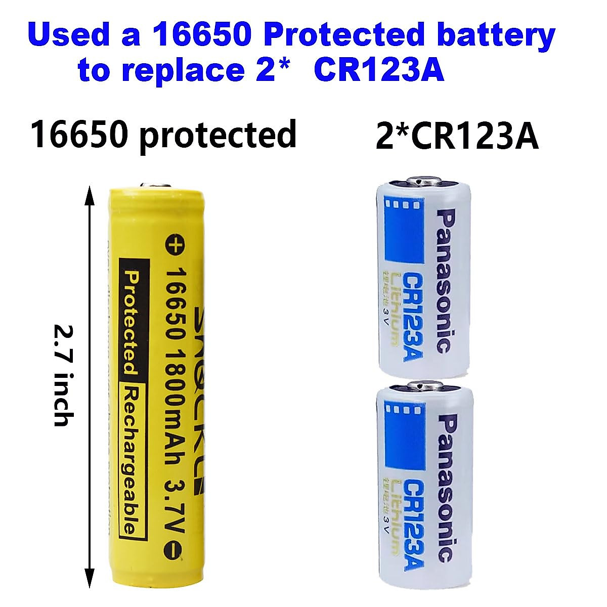 funkawa (2- Pack) Shockli 16650 1800mAh Rechargeable 3.7V Batteries[ Replacement for 2 x CR123 ] - Protected Battery