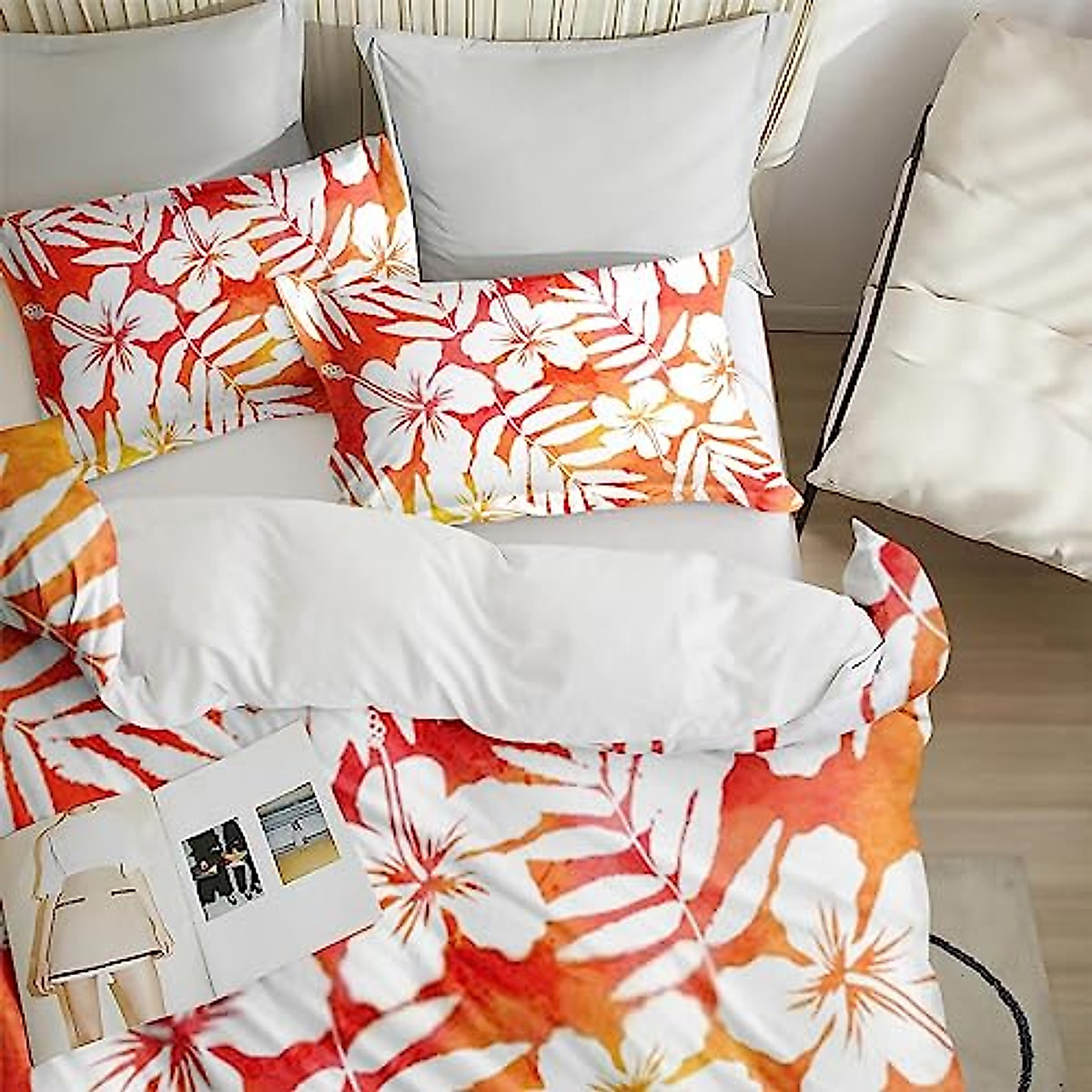 Duvet Cover Full Size, Red Hibiscus Hawaiian Flower Bedding Set with Zipper Closure for Kids and Adults, Surf Floral Tropical Comforter Cover with 2 Pillow Shams for Bedroom Bed Decor