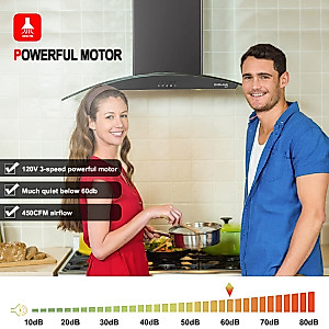 36" Range Hood, GASLAND Chef GR36BP Curved Glass Wall Mount Range Hood Black, 3 Speed 450 CFM Ducted Kitchen Hood with LED Lights, Push Button Control, Convertible Chimney, Aluminum Filter