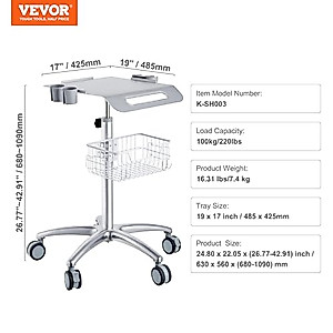 VEVOR Medical Cart, Salon Cart with Wheels, Mobile Trolley Cart 26.77"-42.91" Height Adjustable, Metal Salon Stations for Hair Stylist, Rolling Desktop Lab Cart for Clinic, Beauty and Salon