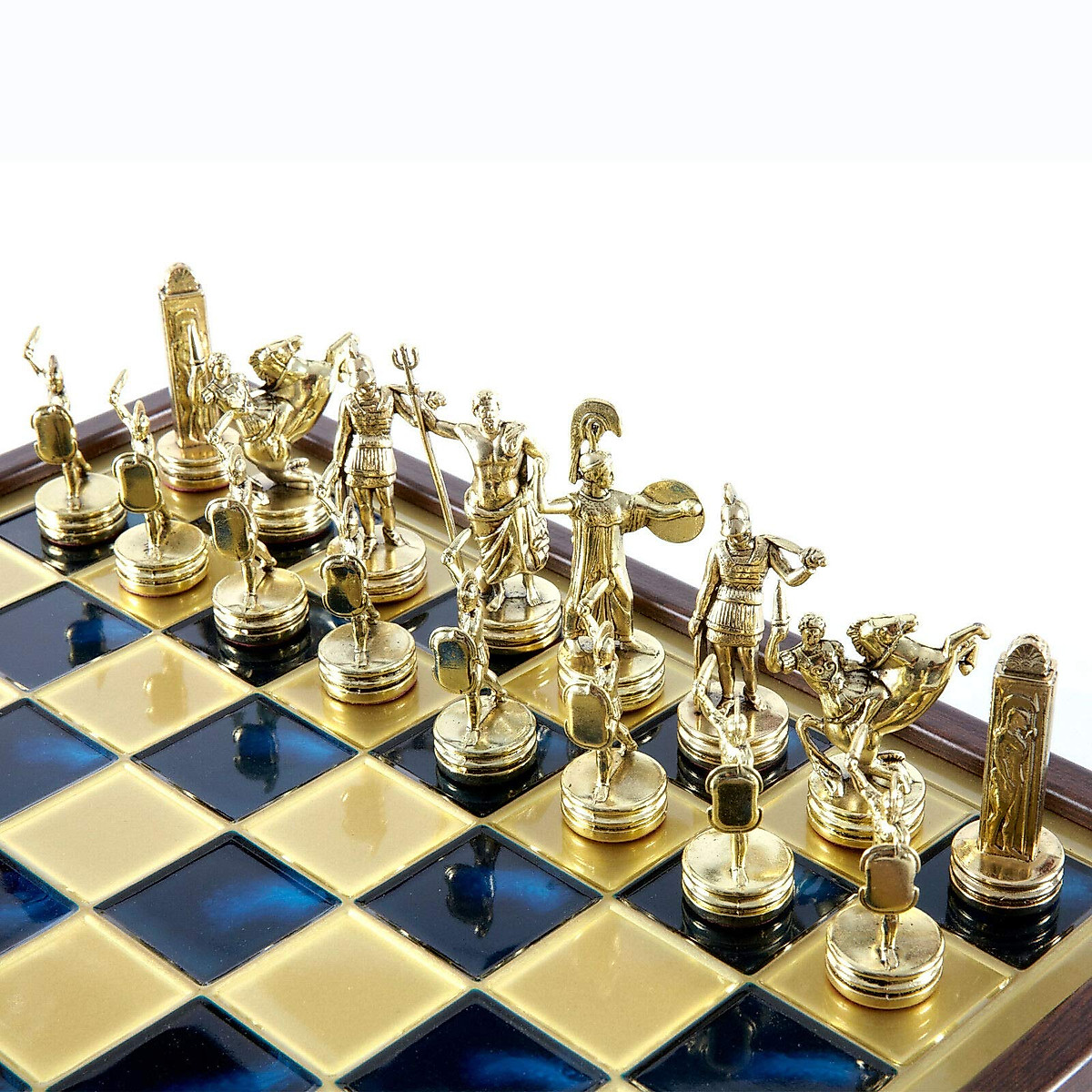 Manopoulos Greek Mythology Chess Set - Brass&Nickel - Wooden case Blue Board