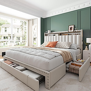 EnHomee Queen Bed Frame with Headboard and 3 Large Drawers, Upholstered Platform Bed Frame Queen Size with Storage, Queen Size Bed Frame with Headboard, Sturdy, No Box Spring Needed, No-Noise, Beige