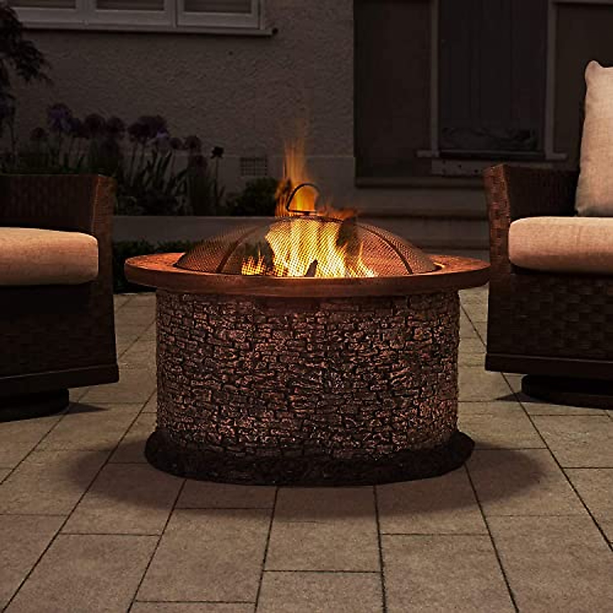 Sunjoy 32 in. Fire Pits for Outside, Patio Round Stone Wood-Burning Large Fire Pits with Mesh Spark Screen and Fire Poker for Outside, Brown and Gray
