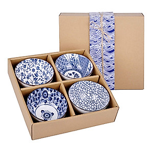 VanEnjoy Set of 4 Japanese Style Ceramic Rice Bowl with Gift Box,Blue and White Pattern Bowls Set,Underglazed Dinnerware, For Dessert Snack Cereal Soup Portion Control Bowl