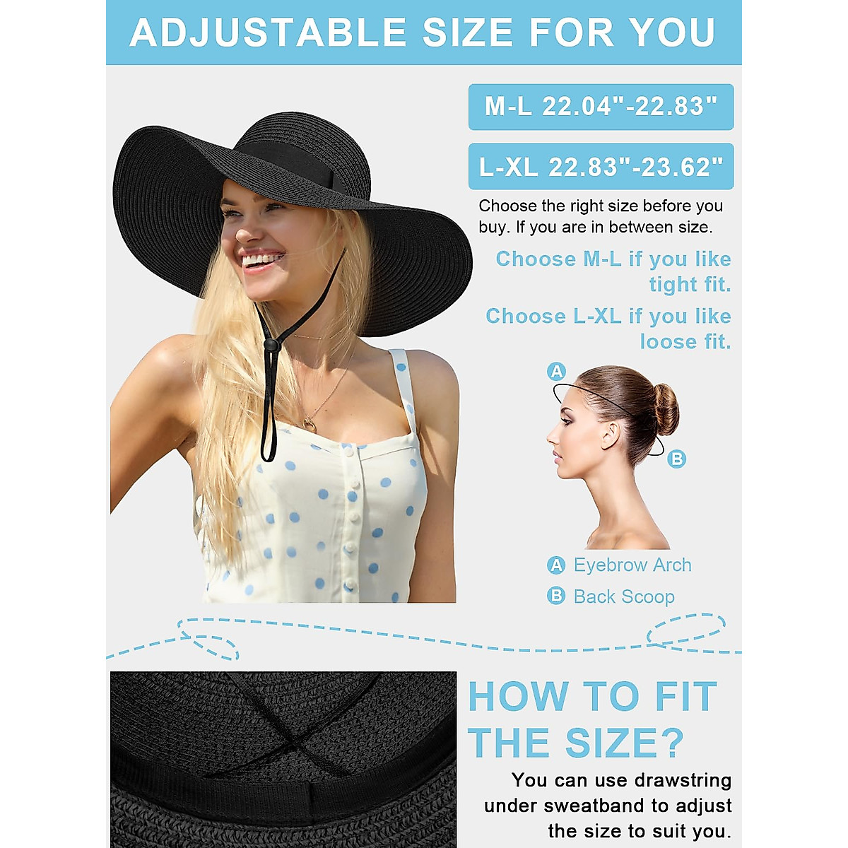 Beach Hats for Women, Wide Brim Sun Straw Hat Foldable Summer Floppy Hat UV Protection Cap Black