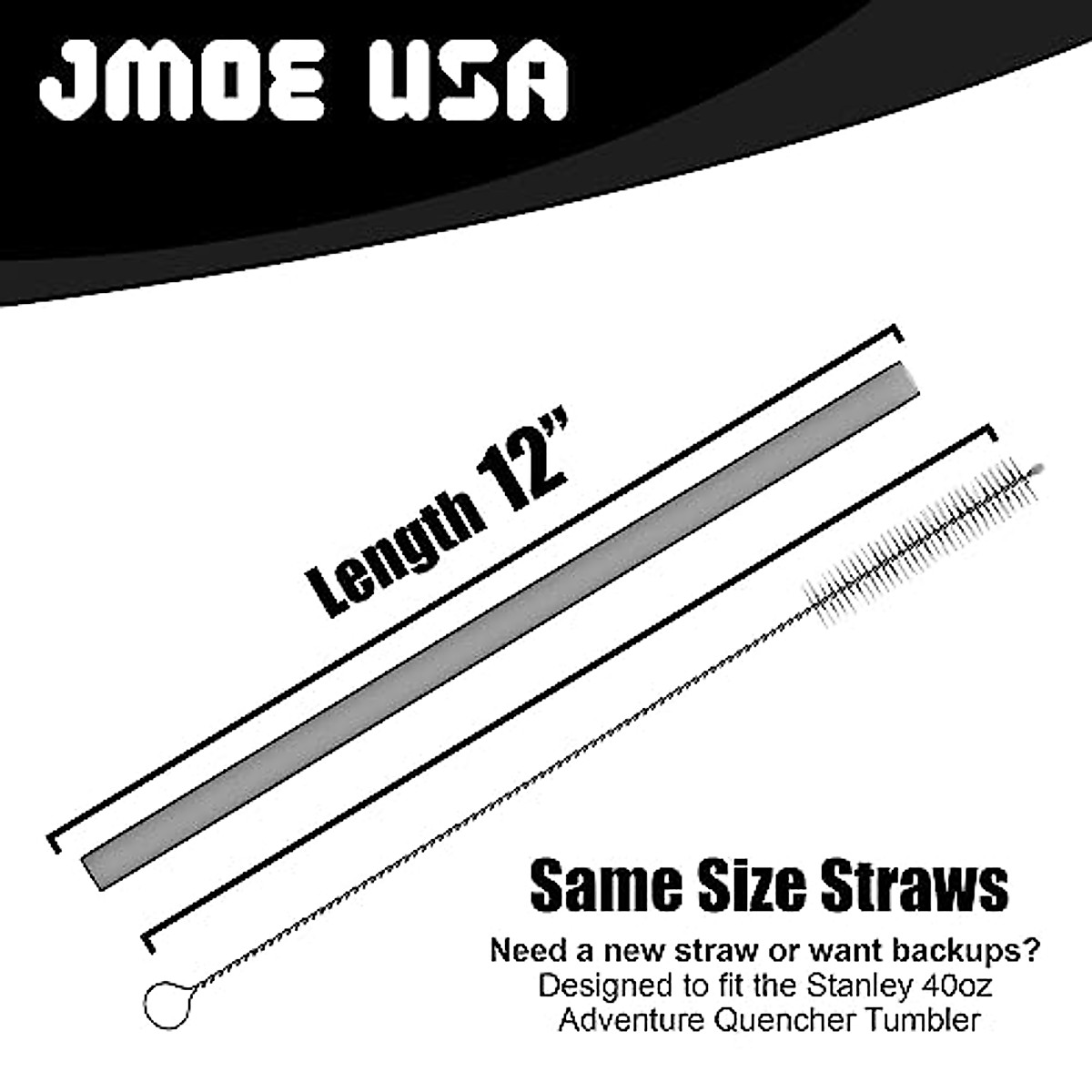 Jmoe USA 12" Straws for Stanley 40oz Adventure Quencher FlowState H2.0 | Replacement Plastic Straws Designed for Stanley 40oz Tumbler | 6-Pack Includes Cleaning Brush | Food Grade & BPA Free (Black)