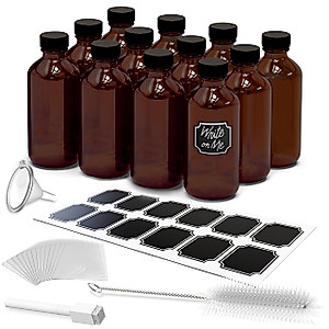 Nevlers 12PK 8 Oz Glass Bottles with Caps |Leakproof Amber Glass Bottle Set With Shrink Wrap, Funnel, Brush & Bonus Labels| Dark Glass Bottles for Oil | Vanilla Extract Bottles | Glass Medicine Bottle