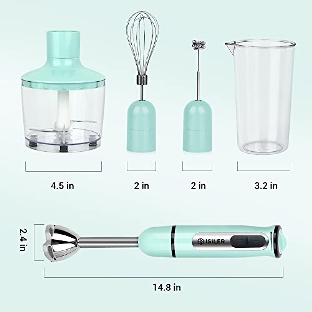 Immersion Hand Blender, ISILER 5-in-1 500-Watt Multi-Purpose Stick Blender with 860ml Food Chopper, 600ml Container, Milk Frother, Egg Whisk, 8-Speed for Puree Infant Food Smoothies Soups