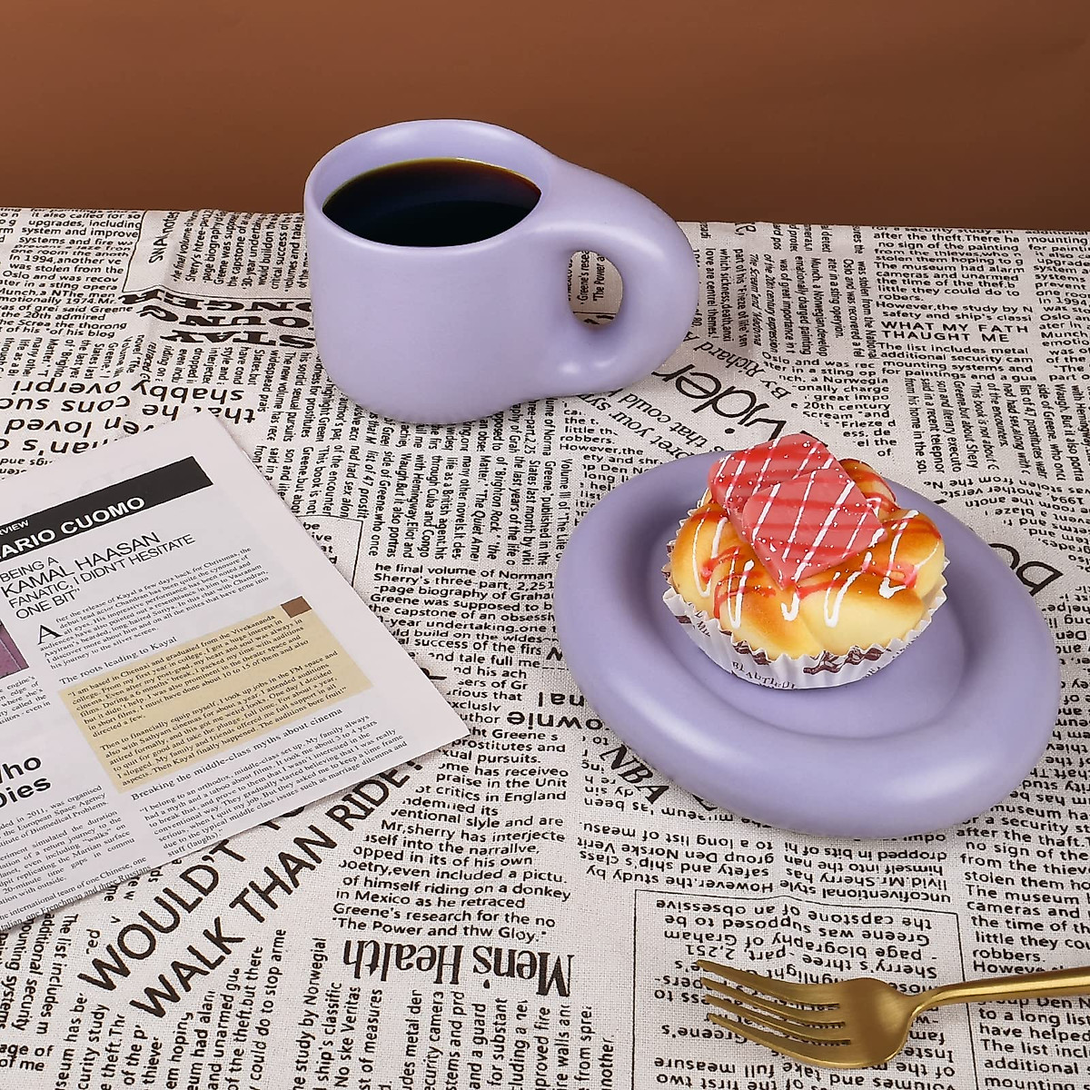 Koythin Ceramic Coffee Chubby Mug Saucer Set, Creative Cute Fat Handle Cup with Saucer for Office and Home, Dishwasher and Microwave Safe, 10 oz for Latte Tea Milk (Light Purple)