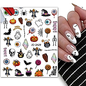 Halloween Nail Art Stickers Decals 6 Sheets Halloween Theme 3D Nail Stickers Halloween Nail Art Supplies Pumpkin Ghost Puppet Dolls Bats Terror Castle Witches Design Stickers for Women Kids