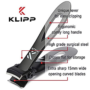 Nail Clippers for Thick Nails – KLIPP 15 mm Wide Jaw Thick Fingernail and Toenail Cutter with Curved Stainless-Steel Blades and Black Vacuum Coating – Podiatry Tool for Manicure Pedicure Toe Nail Care