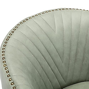 QUINJAY Green Faux Leather Home Office Desk Chair, Upholstered Barrel Swivel Adjustable Arm Desk Chair with Nailheads, Comfy Mid-Back Study Chair with Silent Wheel for Study Office Computer