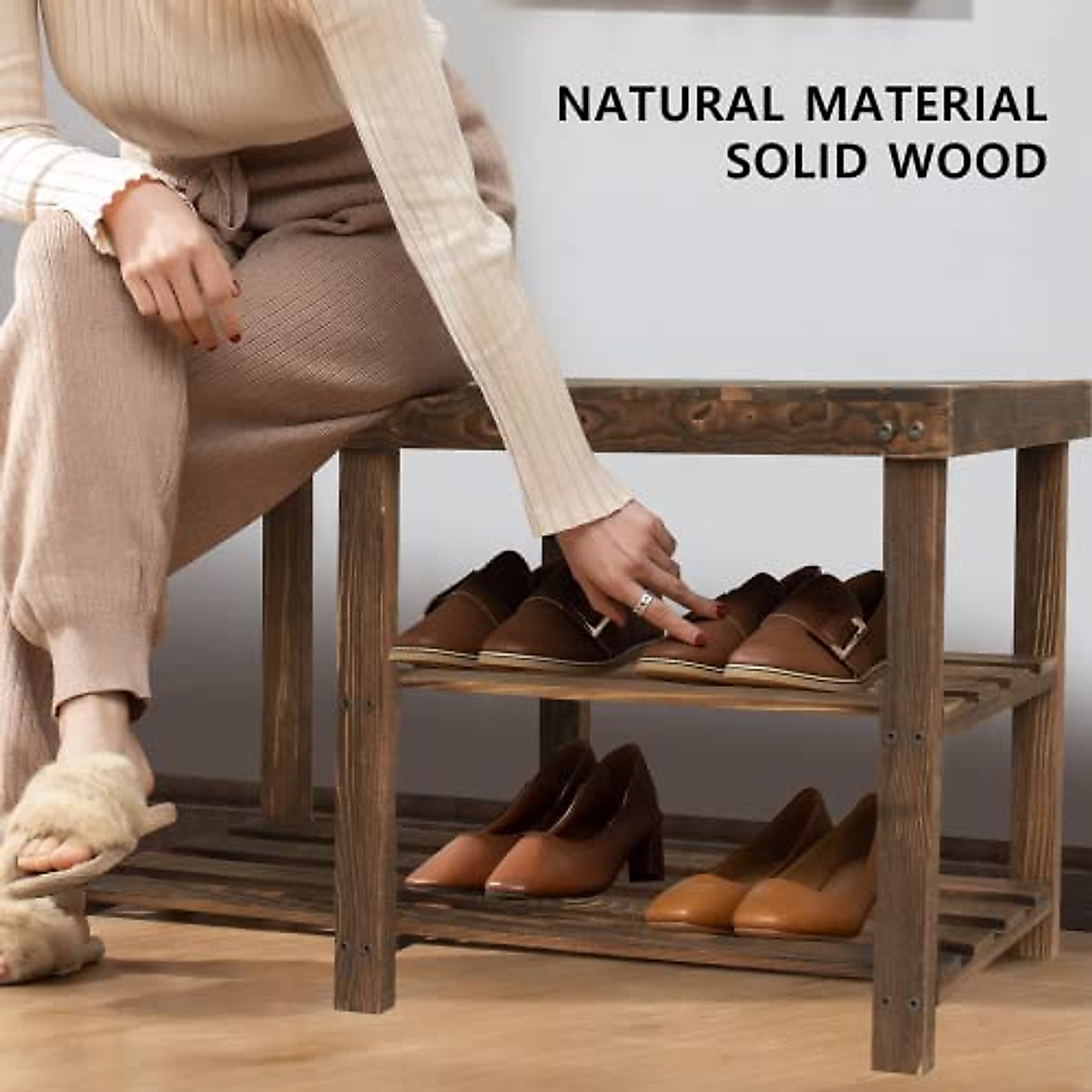 Babion Shoe Rack Bench, Shoe Storage with High Boots Storage, Dark Brown Shoes Organizer Shelf, Multi-Function Shoe Shelf, Sturdy Shoe Rack for Entryway, Bathroom, Industrial Style, Wooden Frame