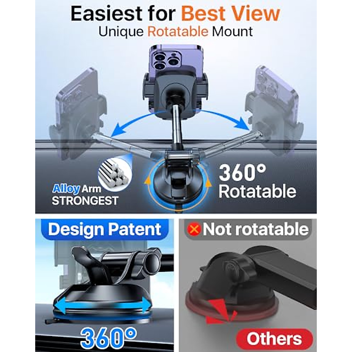 YRU True Military-Grade Car Phone Holder [2024 Upgraded Rotatable Strongest Suction Cup] Cell Phone Mount for Dashboard Windshield Truck Cradle Dash Stand for iPhone 15 14 13 12 Pro Max, Black