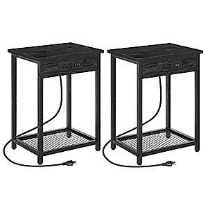 melos Nightstands Set of 2 with Charging Station, 2 Tier Bedside Table with USB Ports and Outlets, Narrow End Table with Storage Shelf, Side Tables for Bedroom, Living Room, Black