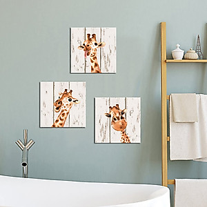 SiMiWOW Funny Giraffe Wall Art Giraffe Painting Kids Children Bedroom Living Room Nursery Wall Decor Framed Ready to Hang 12"x12"x3 Pieces