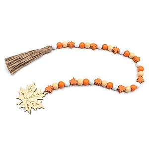 Thanksgiving Wood Beads Garland with Tassel Maple Leaves Pendant, Thanksgiving Day Wooden Bead Garland Wreath Wall Hanging for Home Party Wood Hanging Beads Ornaments