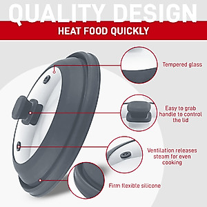 Microwave Splatter Cover Glass - Collapsible Microwave Splatter Cover for Plate & Bowl - Tempered Glass Top, Food-Grade Silicone Dome with Heating Vents & Heat-Safe Handle