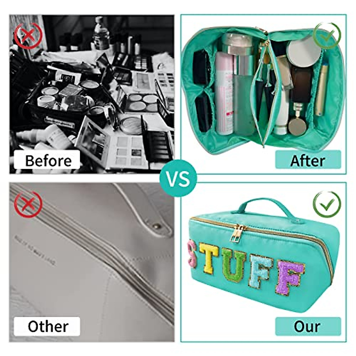 Huifen Stoney Clover Dupes Preppy Makeup Bag, Travel Cosmetic Bag Stuff Bag Chenille Letter Bag Large Capacity Nylon Bags Wide Open Falt Toiletry Bag Make up Organizer for Women Girls (Green)