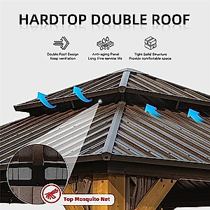 12'x12' Hardtop Gazebo, Outdoor Cedar Wood Frame Canopy with Galvanized Steel Double Roof, Outdoor Permanent Metal Pavilion with Curtains and Netting for Patio, Backyard and Lawn(Brown)