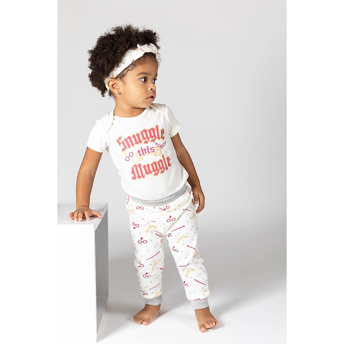 Harry Potter Newborn Baby Girls Short Sleeve Bodysuit Pants and Headband 3 Piece Outfit Set White 0-3 Months