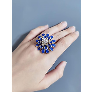 Vintage CZ Daisy Flower Promise Ring for Women Gold Plated Cubic Zirconia Enamel Leaf Cluster Expandable Adjustable Exaggerated Open Band Finger Rings Comfort Fit Party Wedding Jewelry Gift