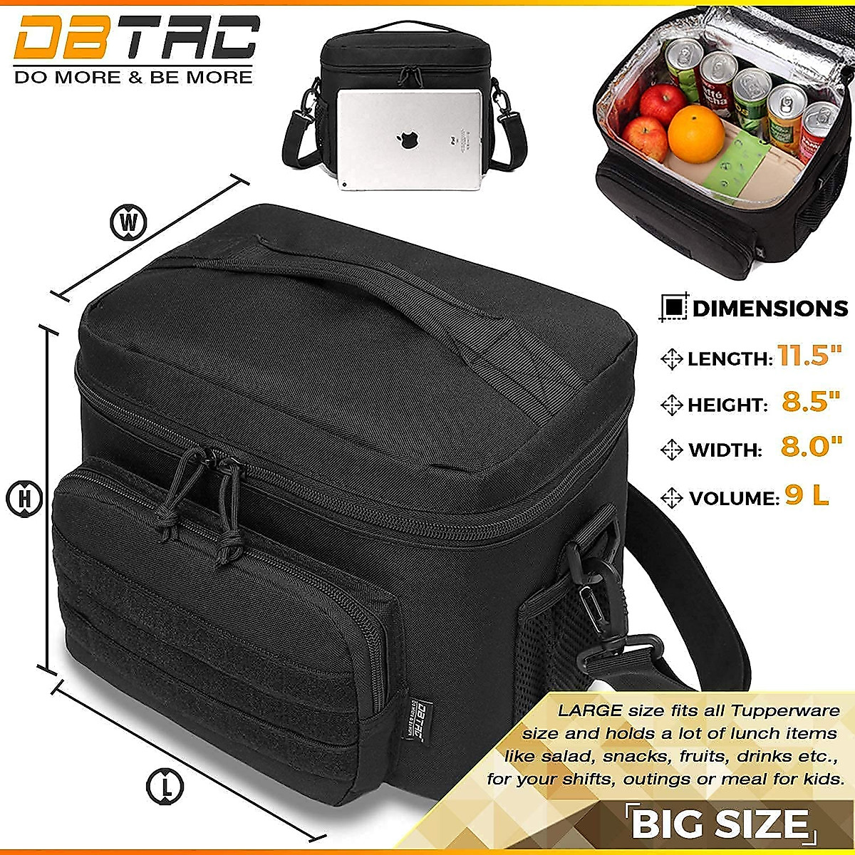 DBTAC Military Style Diaper Bag (Black) + Tactical Lunch Bag (Black), Durable Material with Large capacity, Multi-functional Design
