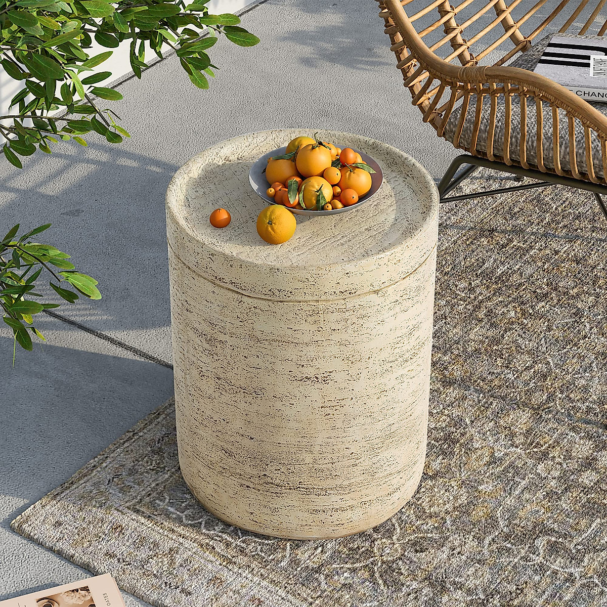 SUNBURY Concrete Side Table Set of 2, Outdoor Side Table for Patio, 14" Outdoor Accent Table Patio Round Side Table End Table, Ceramic Side Table Garden Stool Log Table