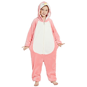ABENCA Penguin Onesie Kids Animal Costume Girls Pajamas One Piece Plush Sleepwear Cosplay Halloween Christmas.Pink.120