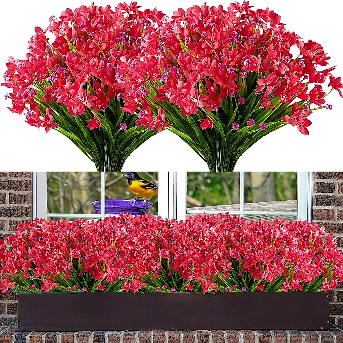 GREBOU 10 Bundles Artificial Daffodils Flowers Faux Plastic Lotus Shrubs UV Resistant No Fade Faux Greenery for Bridal Bouquet Home Garden Hanging Planter Porch Patio Office Wedding Decoration(Red)
