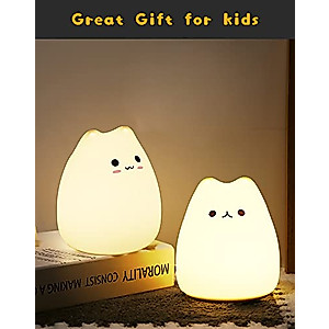 LED Cat Night Light, Battery Powered Night Light for Kids, Silicone Multicolor Cute Cat Lamp with Warm White and 7-Color Breathing Mode, Gifts for Kids, Baby, Children (Celebrity Cat)