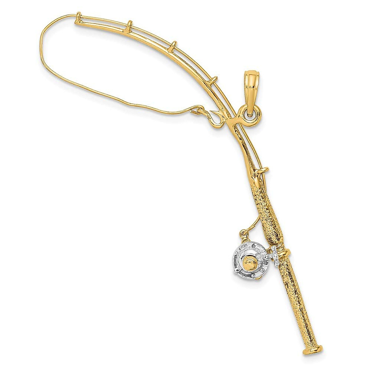 FB Jewels 14k White and Yellow Two Tone Gold 3D Fishing Pole with white Reel Moveable Pendant