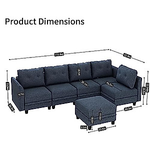 LLappuil Modular Sofa Sectioanl Couch with Storage, Convertible 6 Seater L Shaped Modular Chaise Sofa with Ottoman, Denim Blue