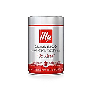 Illy Classico Ground Moka Coffee, Medium Roast, 100% Arabica Bean Signature Italian Blend, Pressurized Fresh, Stovetop Moka Pot Preparations, 8.8 Ounce Can (Pack of 1)