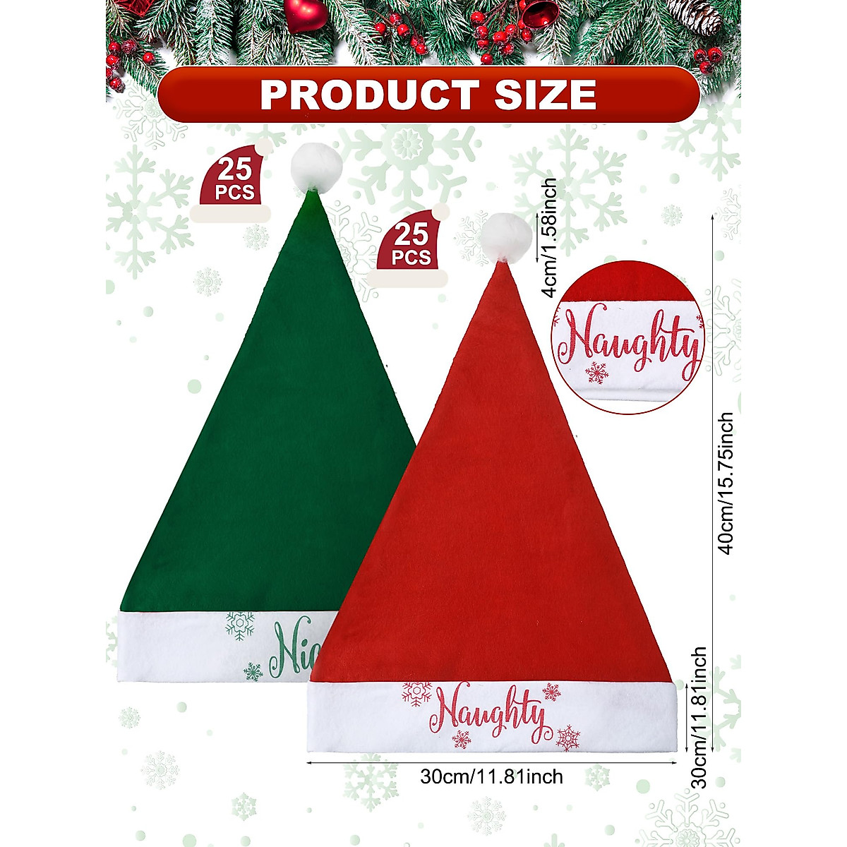 Leumoi 50 Pieces Naughty and Nice Plush Christmas Santa Hats Decorative Red and Green Christmas Hat Xmas Santa Hats for Adults Kids Women Men Funny Decoration Holiday Party Costume Supply