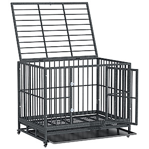 PawHut 43" Heavy Duty Dog Crate Metal Cage Kennel with Lockable Wheels, Double Door and Removable Tray, Gray