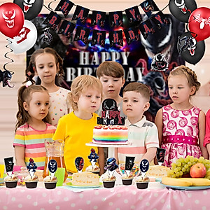 XIAMIE 51Pcs Venom Birthday Party Supplies Set, 5*3ft Backdrop, 12 inch Latex Balloons, Cupcake, Cake Topper, Hanging Swirls, Happy Birthday Banner Venom Themed Birthday Party Supplies Decorations