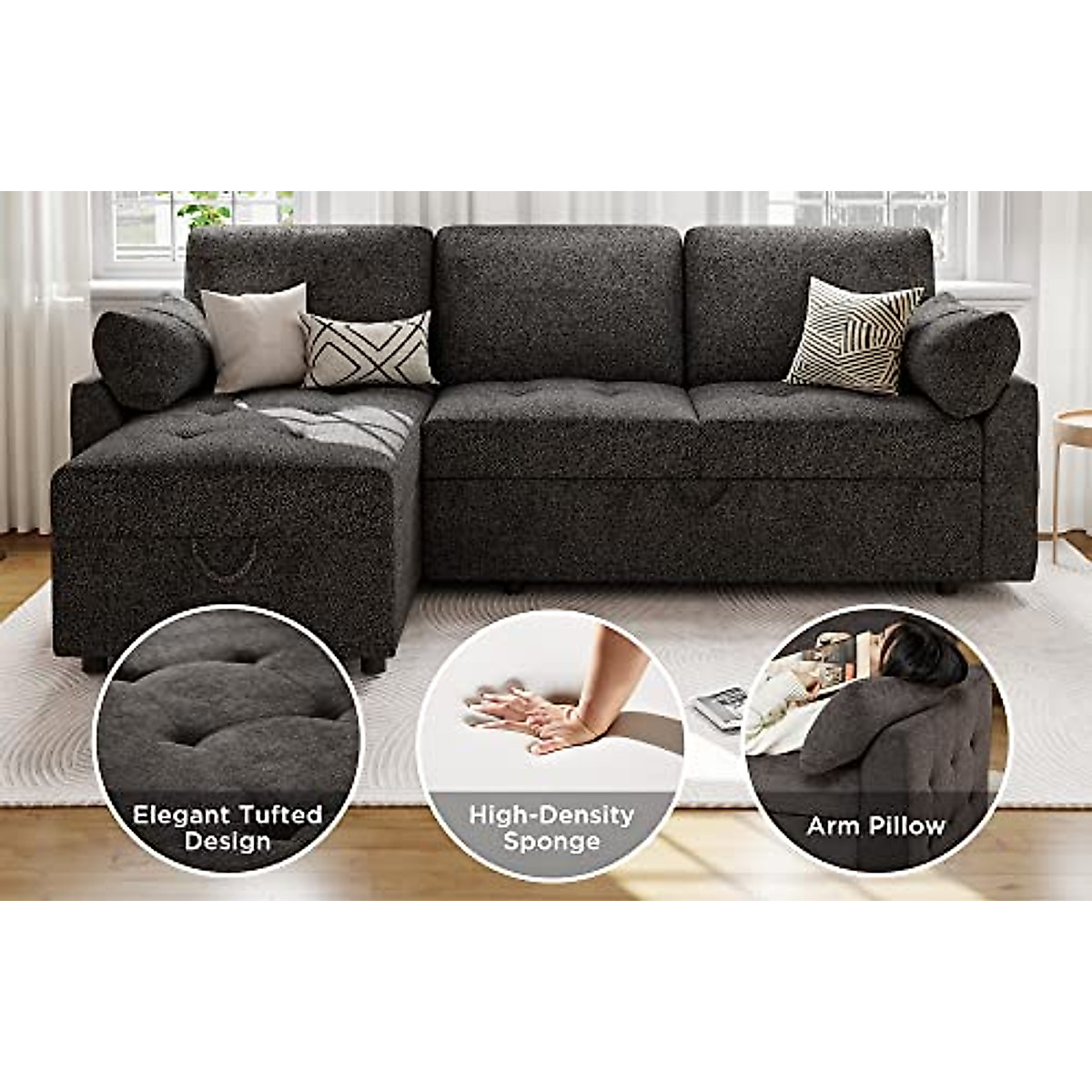 VanAcc Pull Out Sofa Bed, Modern Tufted Convertible Sleeper Sofa, Chenille Sleeper Sectional Couch Bed with Storage Chaise, L Shaped Sofa Couch for Living Room (Dark Grey)