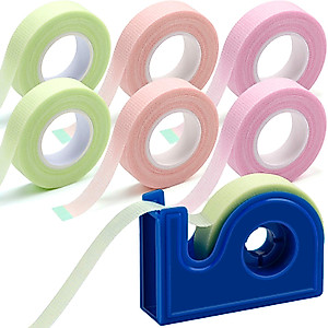 Maitys 6 Roll Lash Tape for Eyelash Extensions with Eyelash Tape Dispenser Cutter Breathable Adhesive Fabric Tape for Eyelash Extension Supplies 0.5 Inch Wide 10 Yard Long (Green, Pink, Purple)