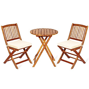 Generic VcJta 3 Piece Folding Acacia Wood Bistro Set with Cushions for Patio Conversations Outdoor Furniture, Wooden, E385022938355