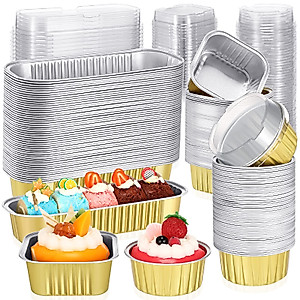 150 Pcs Mini Cake Pans with Lids Disposable Ramekins 6.8 oz 5 oz Aluminum Foil Cupcake Baking Cups, Rectangle Round Square Cupcake Liners Cake Tins for Flan Muffin Dessert Party Favors, Gold