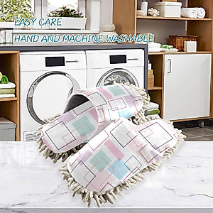 FLildon Microfiber Cleaning Slippers Geometric Rectangle Pattern Washable Mop Shoes Slipper for Men/Women House Floor Dust Cleaner, Size M