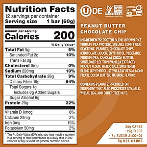 No Cow Peanut Butter Chocolate Chip Snack Food Bar, 12 Count, 20g Plant Protein, 1g Sugar, 19g Fiber, 190 Calories per Serving, Gluten Free, Dairy Free, Non-GMO, Soy Free, Kosher