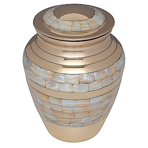 Mother of Pearl Gold Funeral Urn by Cremation Urn for Human Ashes - Hand Made in Brass - Suitable for Cemetery Burial or Niche - Large Size fits Remains of Adults up to 200 lbs - Mother of Pearl