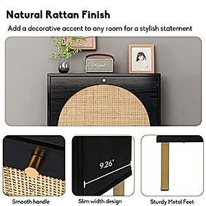 Pvillez Natural Rattan Shoe Cabinet, Modern Free Standing Shoe Racks Storage Cabinet with 2 Flip Drawers and Storage Shelves, Narrow Shoe Rack Cabinet for Entryway, Hallway, Bedroom, Black